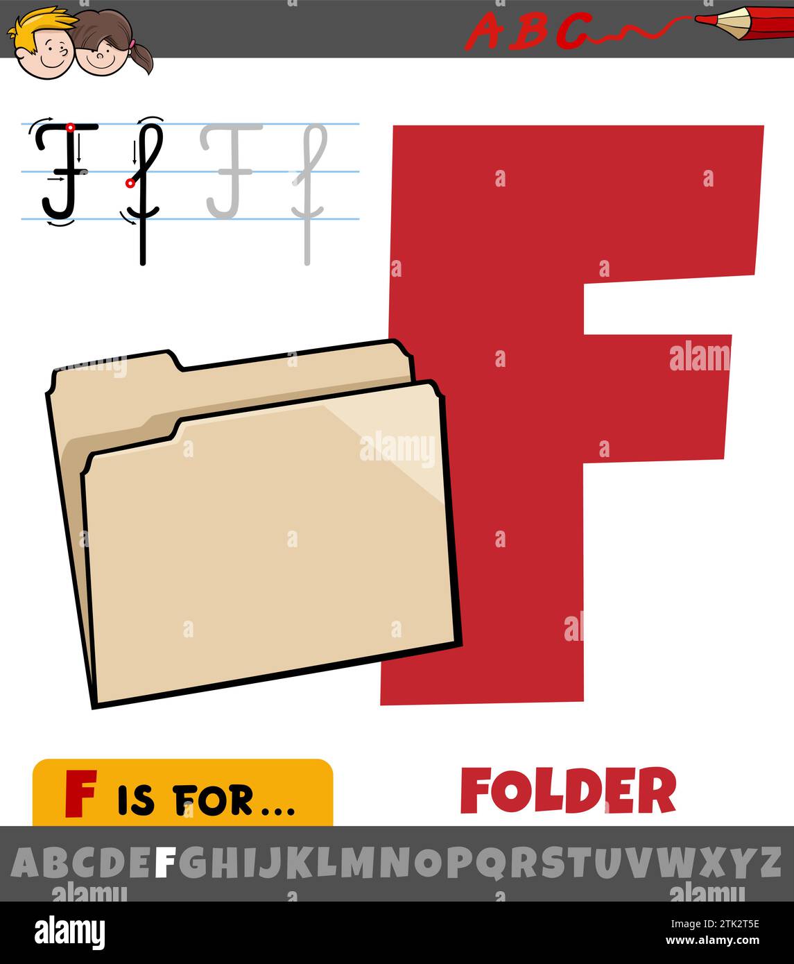 Educational cartoon illustration of letter F from alphabet with folder ...