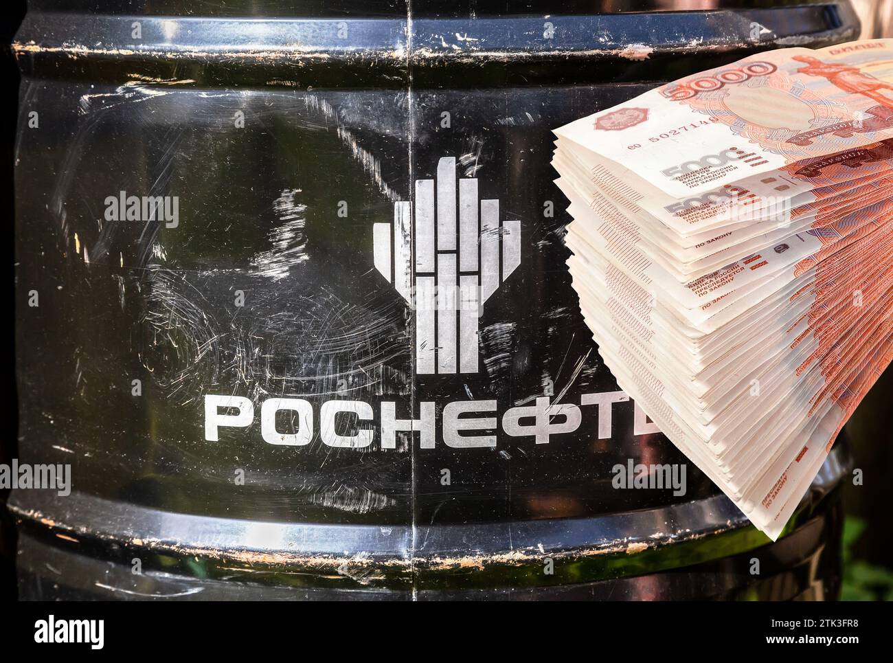 Samara, Russia - August 25, 2022: Barrel of Rosneft oil with brand logo ...