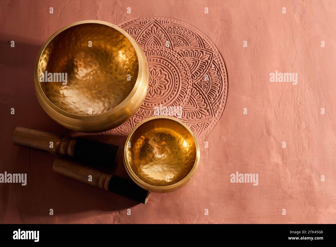 A close up of a tibetan singing bowl or himalayan bowl for therapy, meditation and relaxation ...