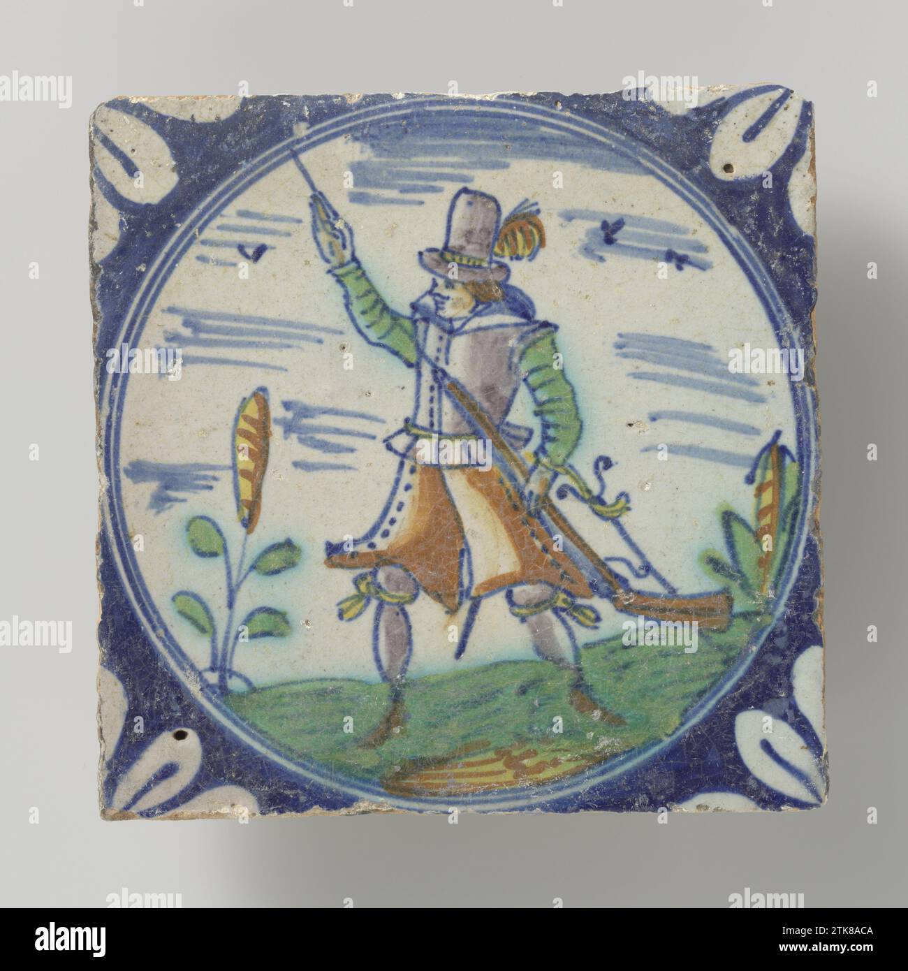 Tile, multi -colored painted with a soldier or a standard bearer, 1625 ...