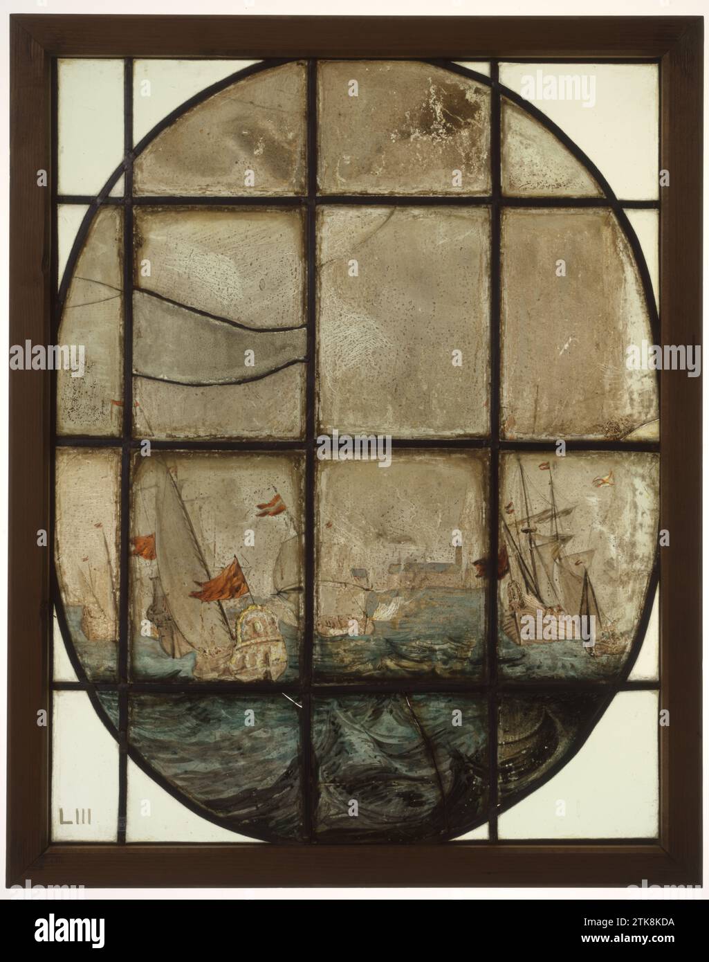 Window with sea -going vessels near a harbor, anonymous, c. 1600 - c. 1699 Window on which ...