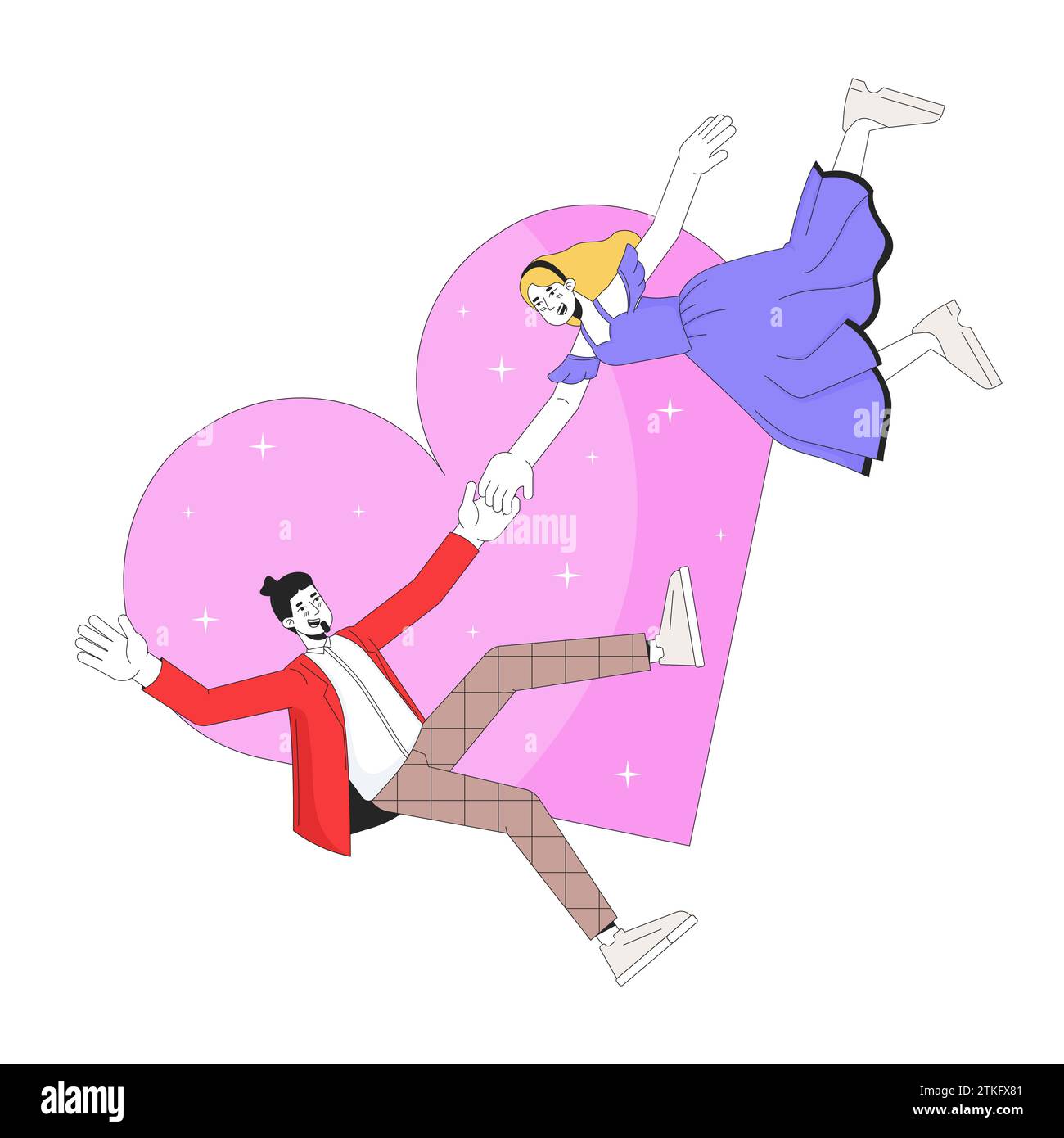 Caucasian couple love first sight 2D linear illustration concept Stock ...