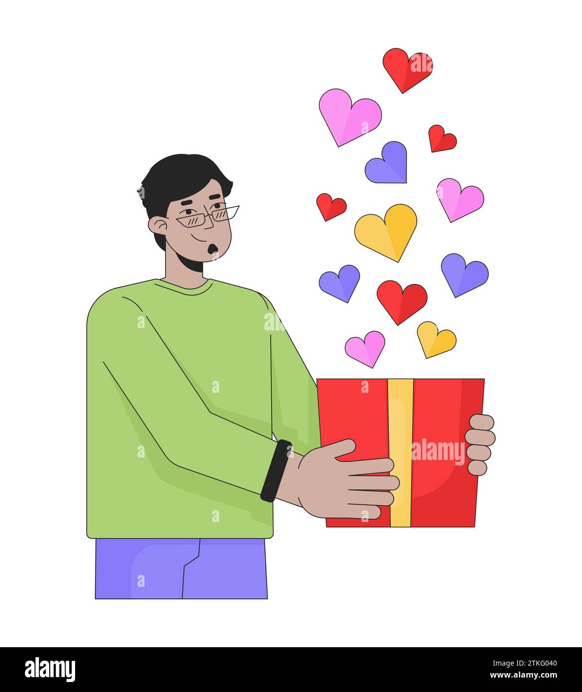 Middle eastern man giving valentine present 2D linear illustration ...