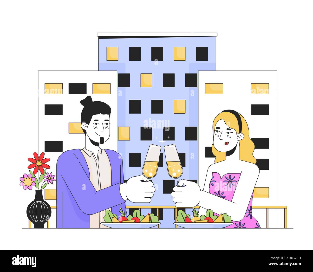 Heterosexual Couple On Date Night Restaurant Line Cartoon Flat 4038