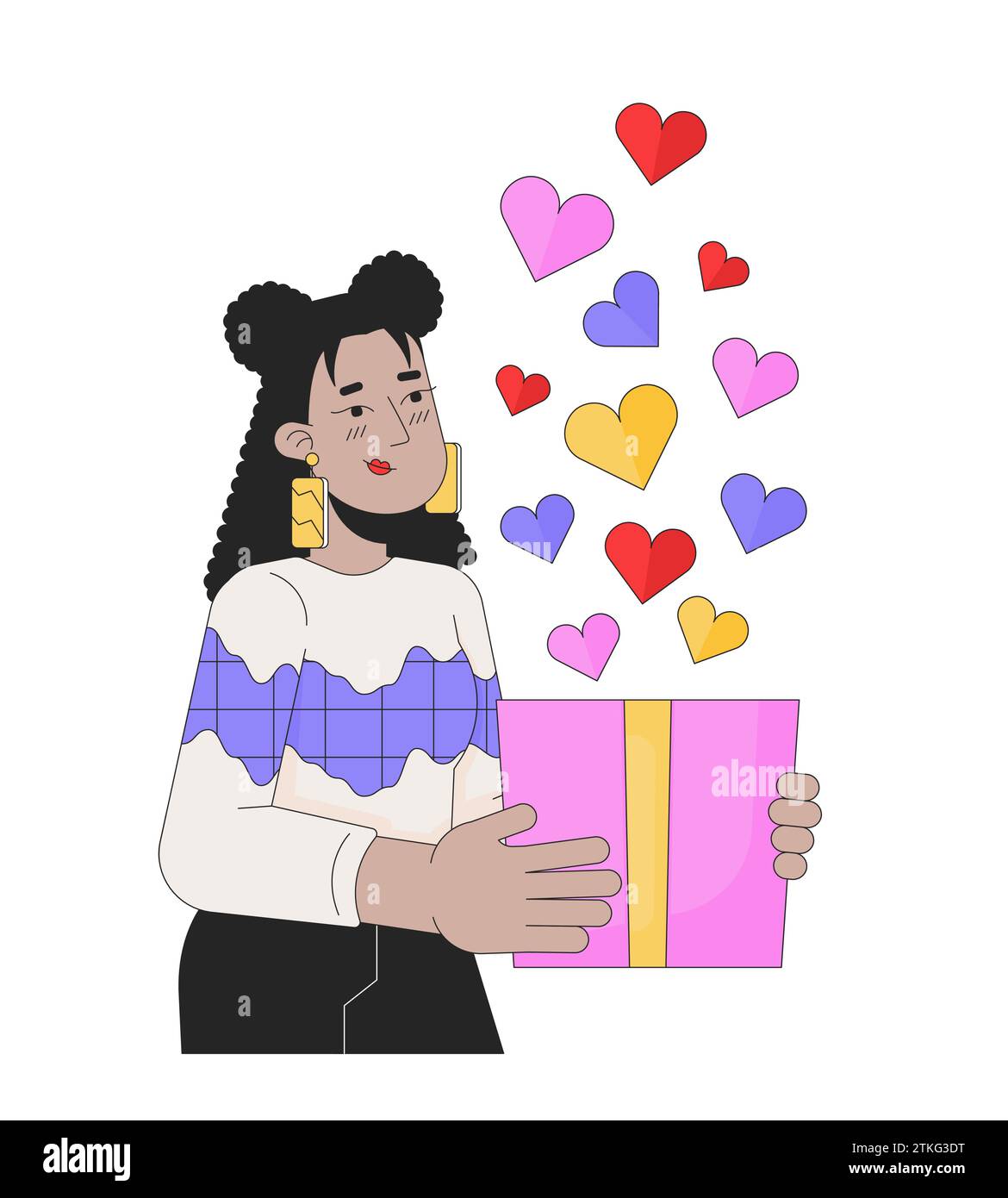 Beautiful woman in love giving valentine gift 2D linear illustration ...