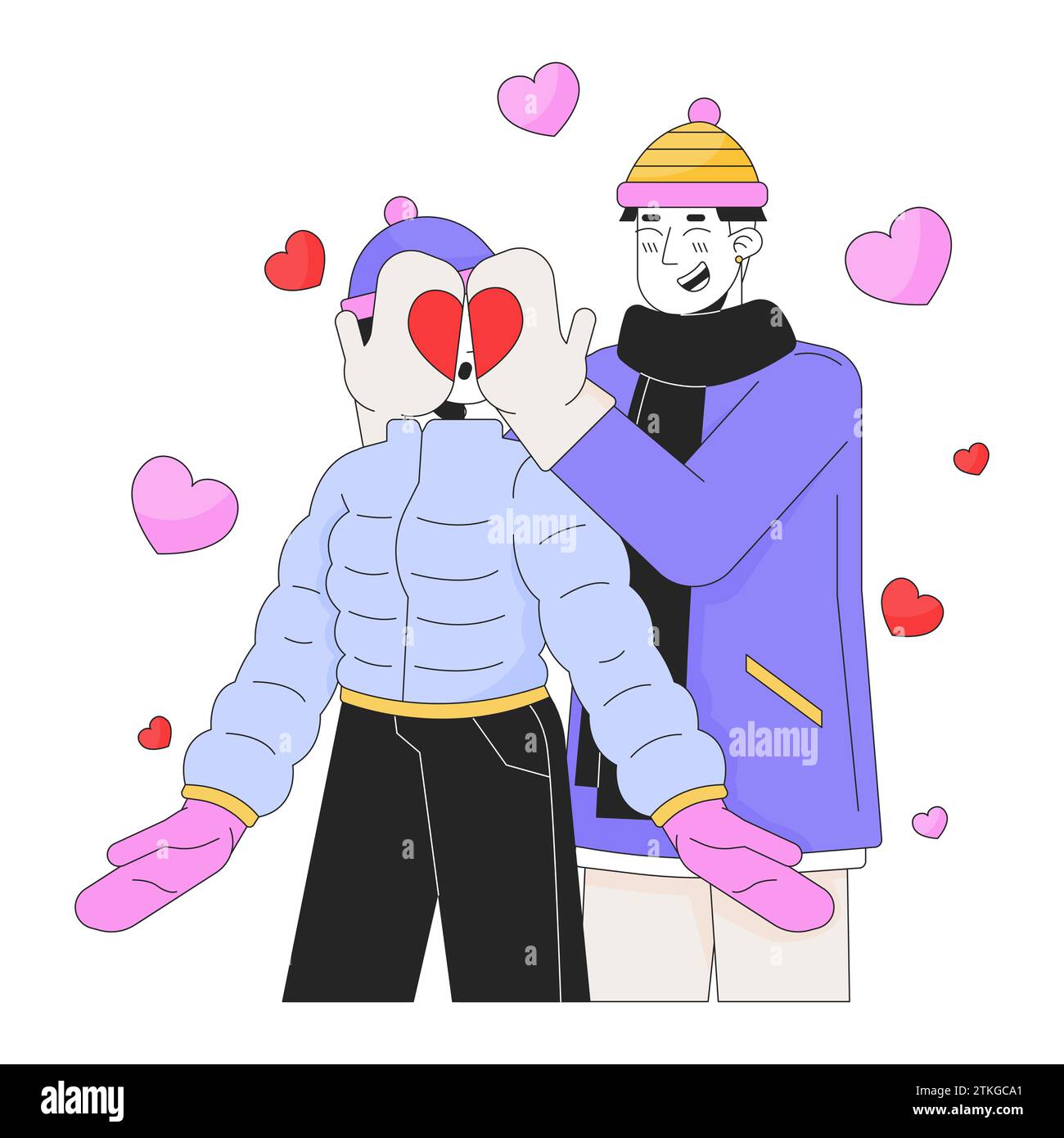 Boyfriend covering girlfriend eyes guess who line cartoon flat ...