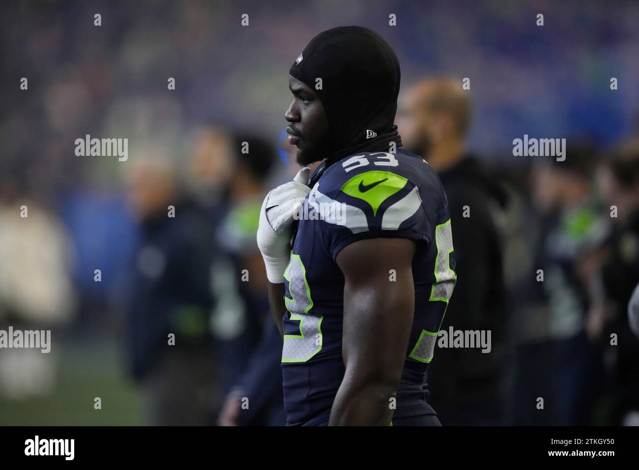 Seattle Seahawks linebacker Boye Mafe (53) looks on before an NFL ...