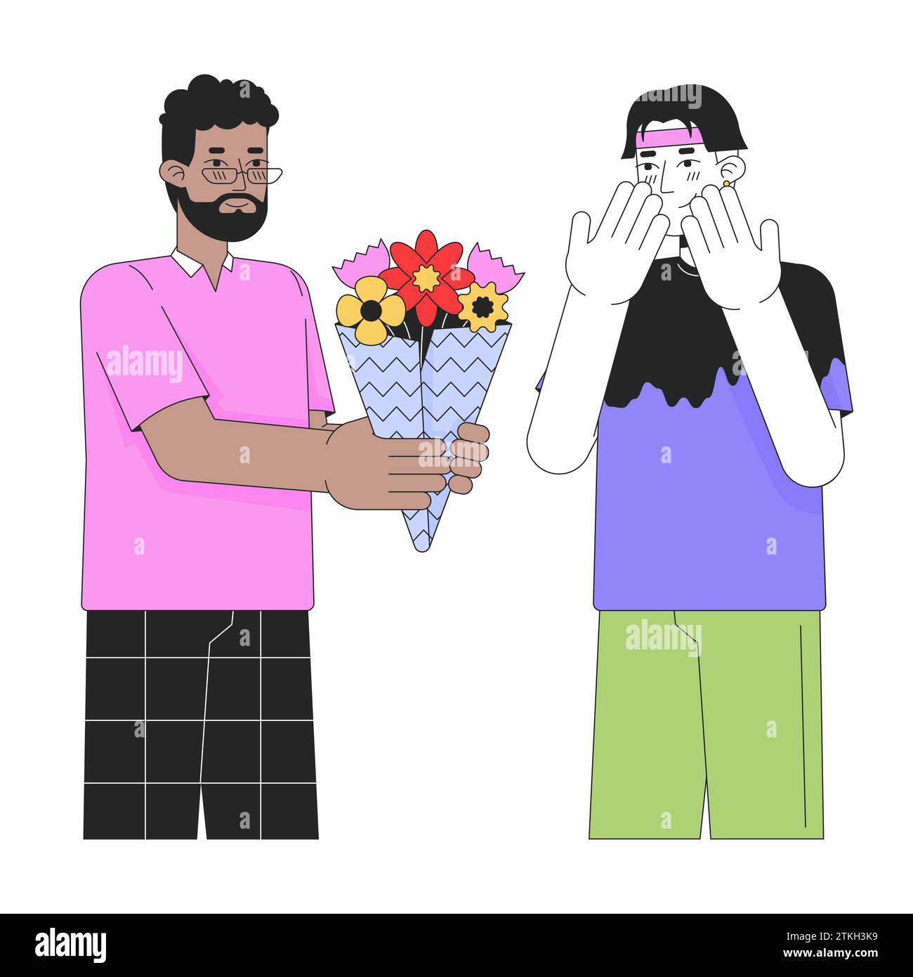 Man gifting flower bouquet to male lover male line cartoon flat ...
