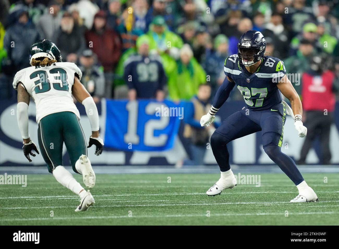 Seattle Seahawks tight end Noah Fant (87) gets set during an NFL football game against the ...