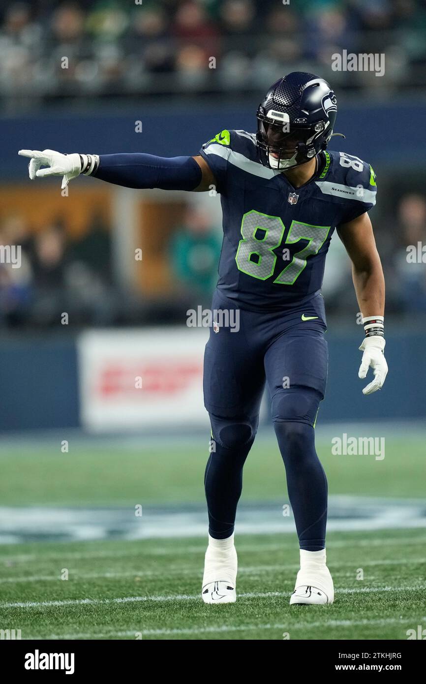 Seattle Seahawks tight end Noah Fant (87) gets set during an NFL football game against the ...