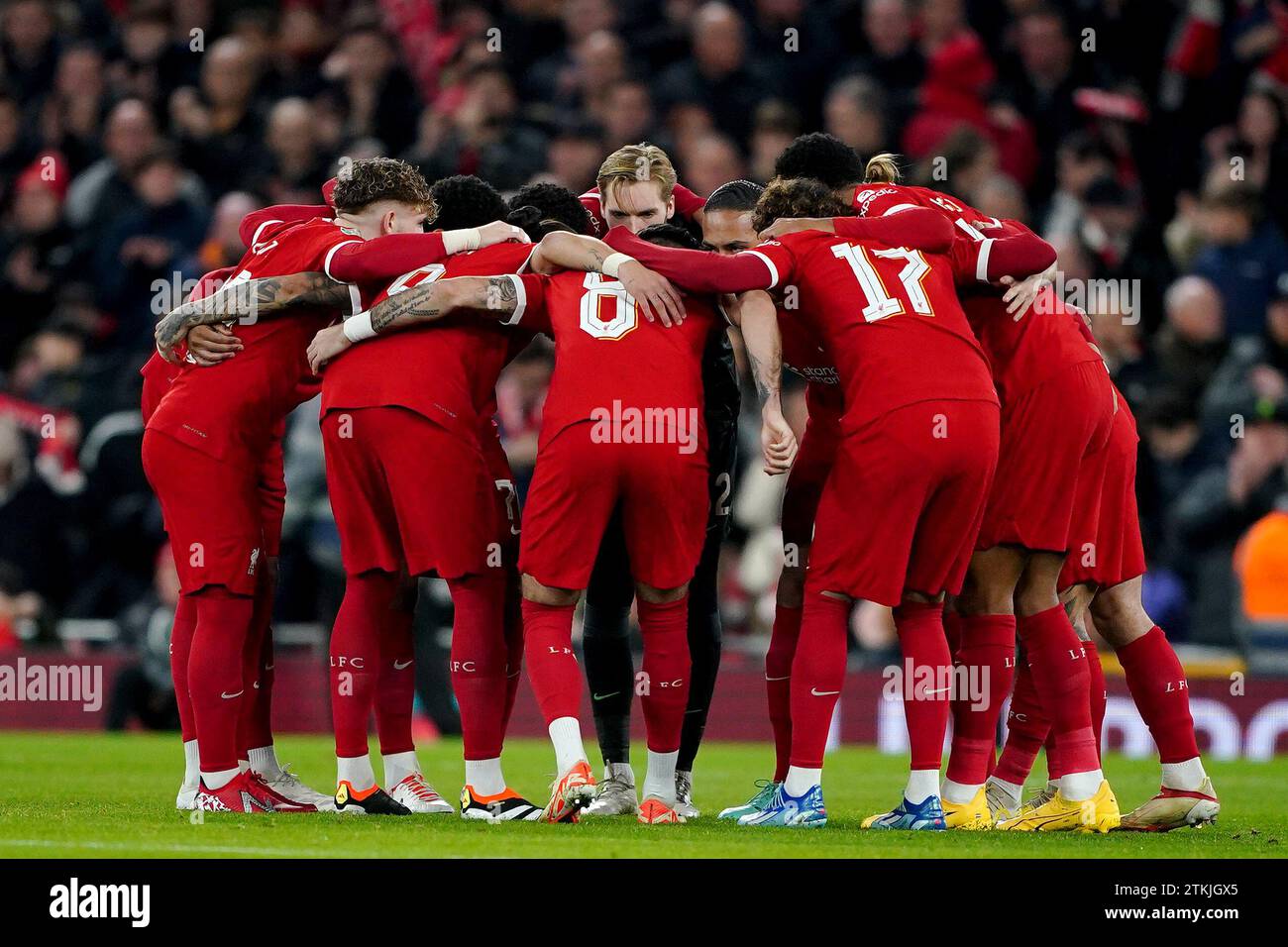 Liverpool players huddle ahead of the Carabao Cup quarter final match ...