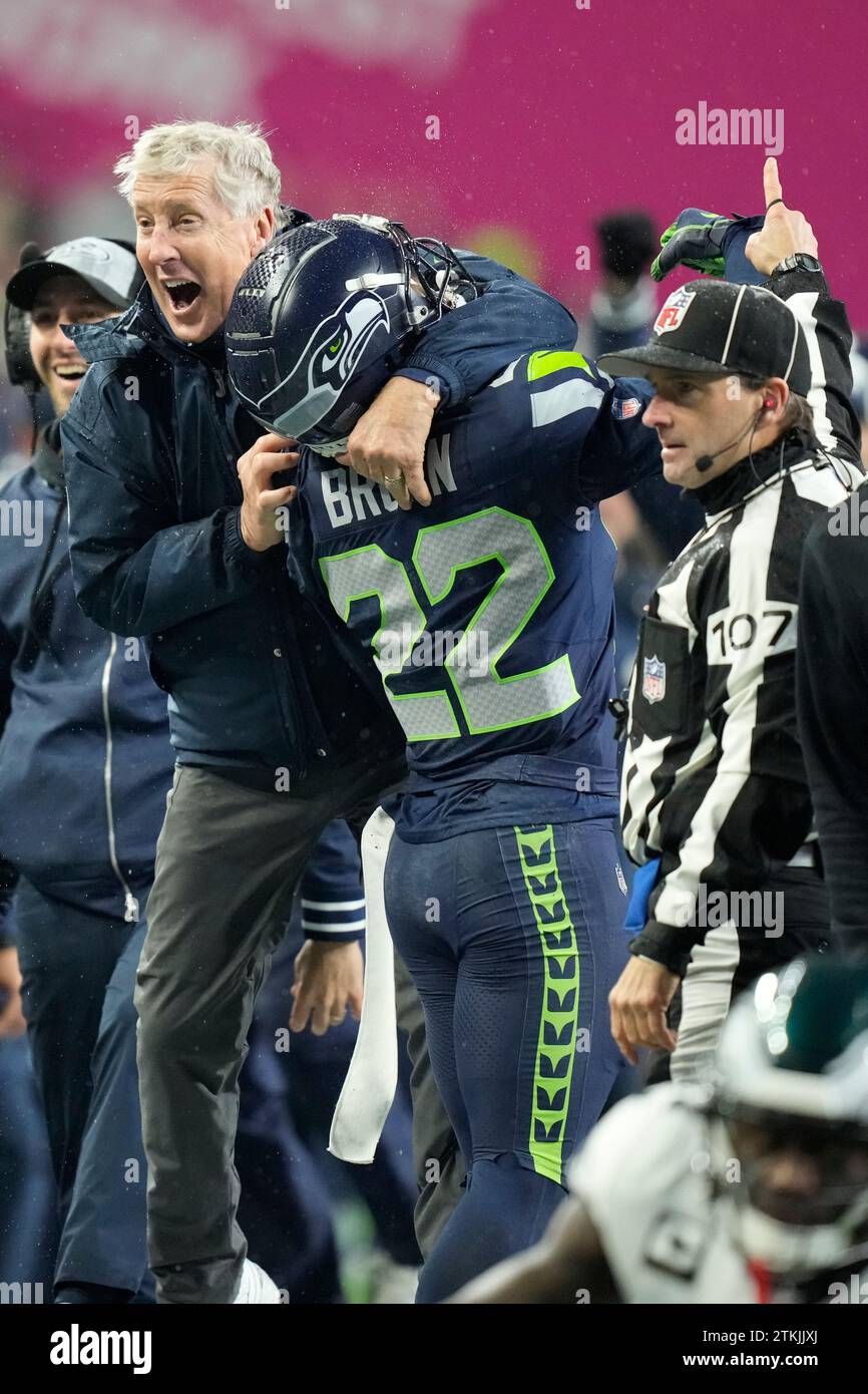 Seattle Seahawks cornerback Tre Brown (22) and head coach Pete Carroll ...