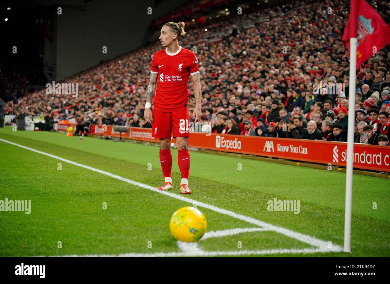 Liverpool's Kostas Tsimikas prepares to take a corner during the ...
