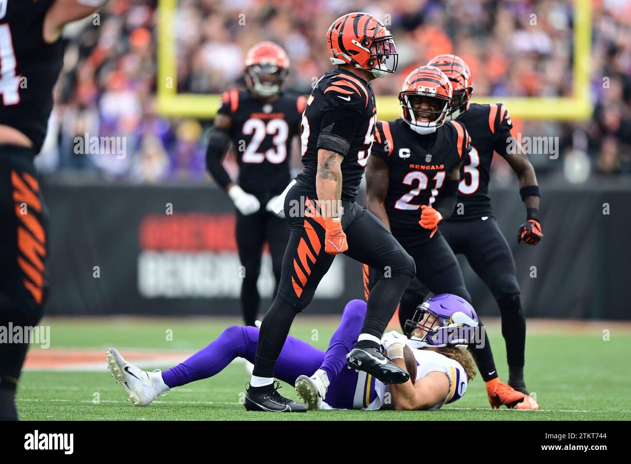 Cincinnati Bengals linebacker Logan Wilson (55) celebrates a tackle ...