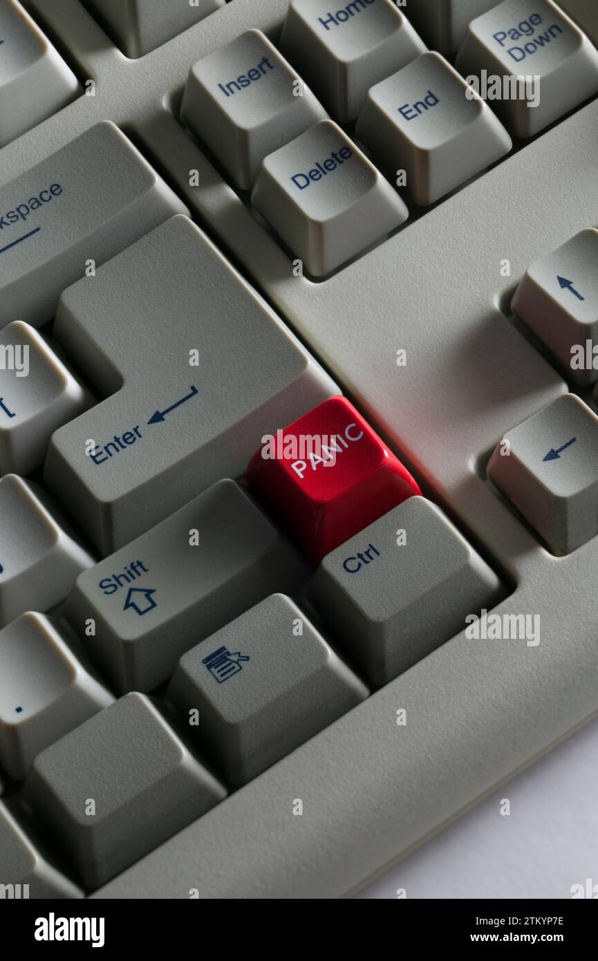 still life of a panic button on a computer keyboard Stock Photo - Alamy