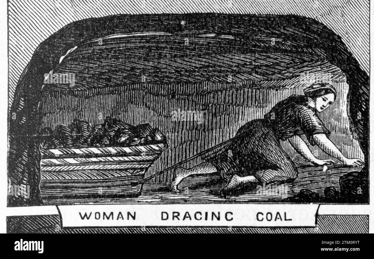 Engraving of a woman dragging coal in a coal mine, from The Underground ...