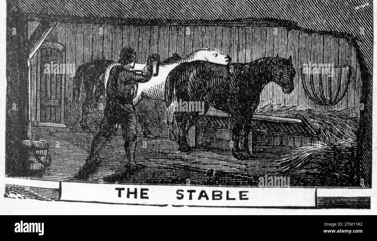 Engraving of a stable set up for horses working in a coal mine, from ...