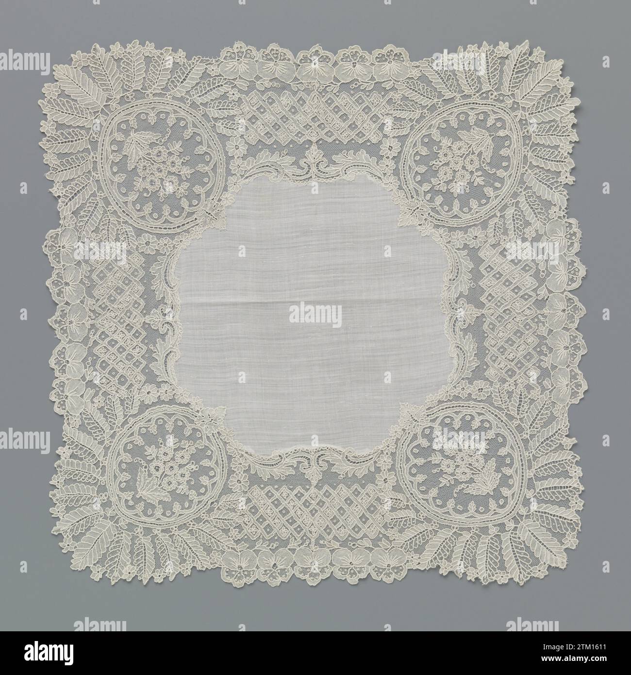 Handkerchief with a border needle side with rose bouquets in medallions ...
