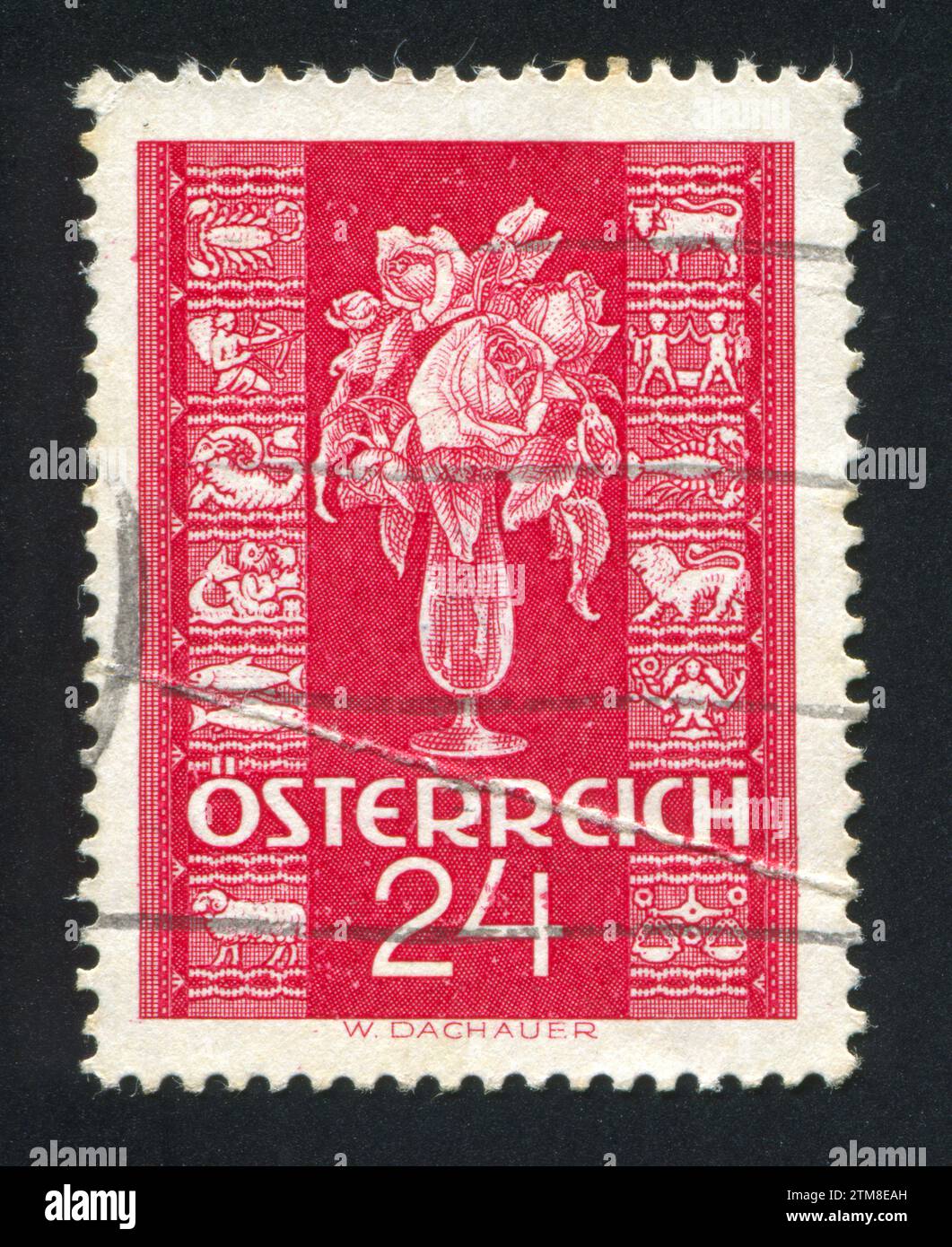AUSTRIA - CIRCA 1938: stamp printed by Austria, shows Rose and Zodiac ...