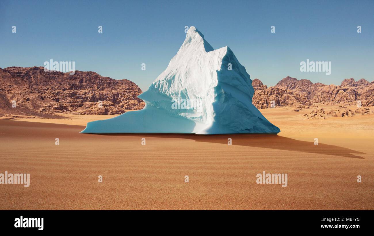 Melting Glaciers, Creative Idea. Iceberg In The Desert, Concept. Global ...