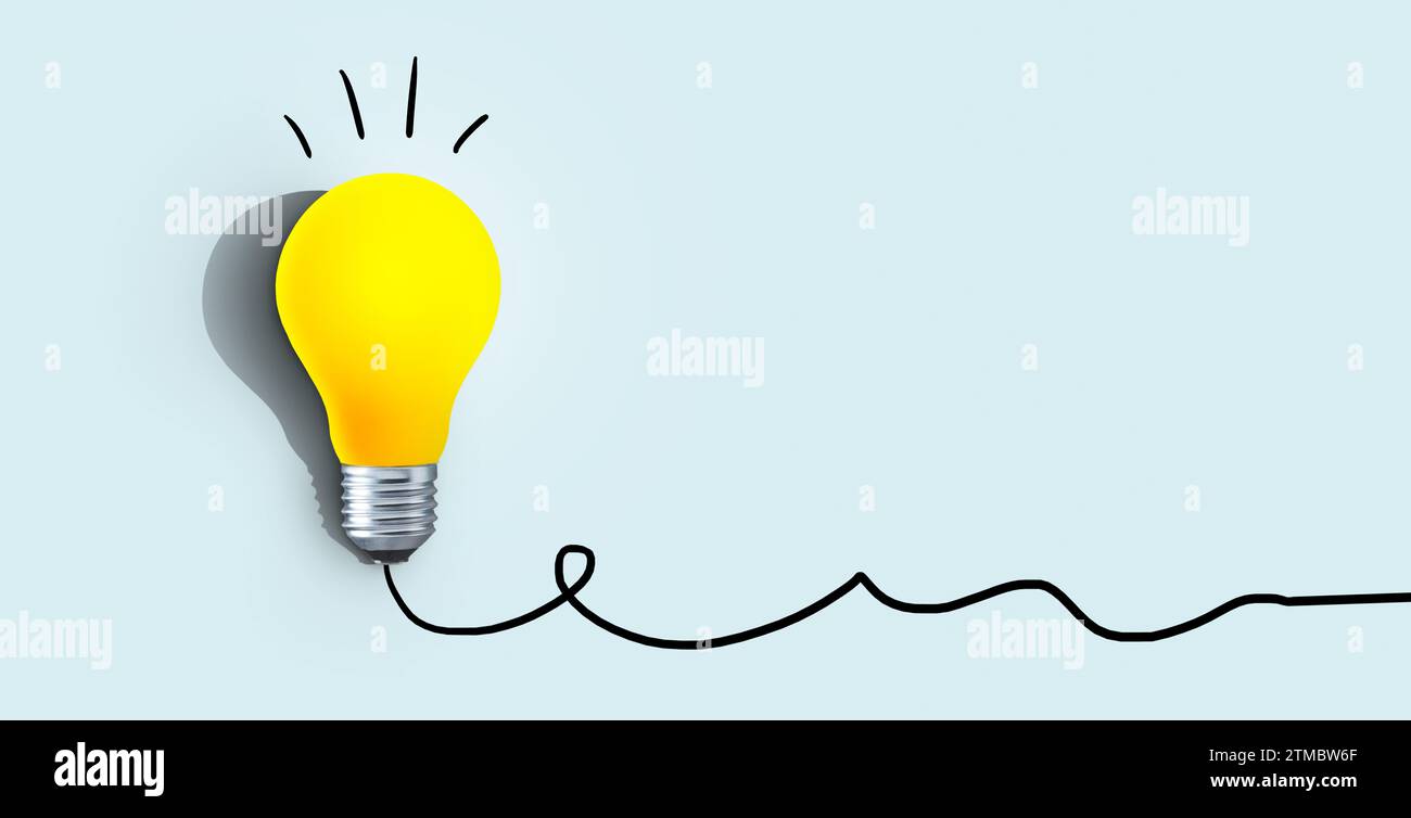 Creative Yellow Light Bulb With Shadow Burns On A Blue Background ...