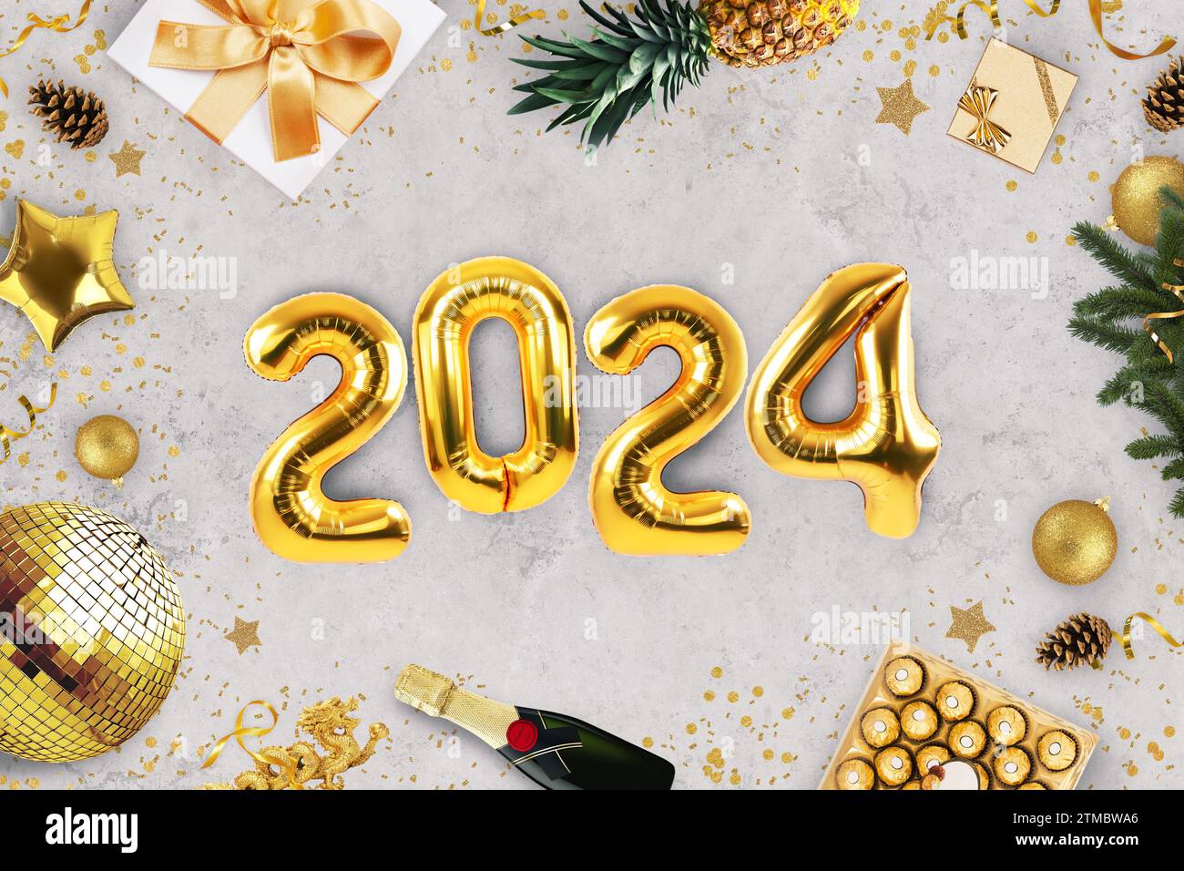 New Year 2024, Creative Idea. Golden Balloons 2024 Lie On A Gray ...