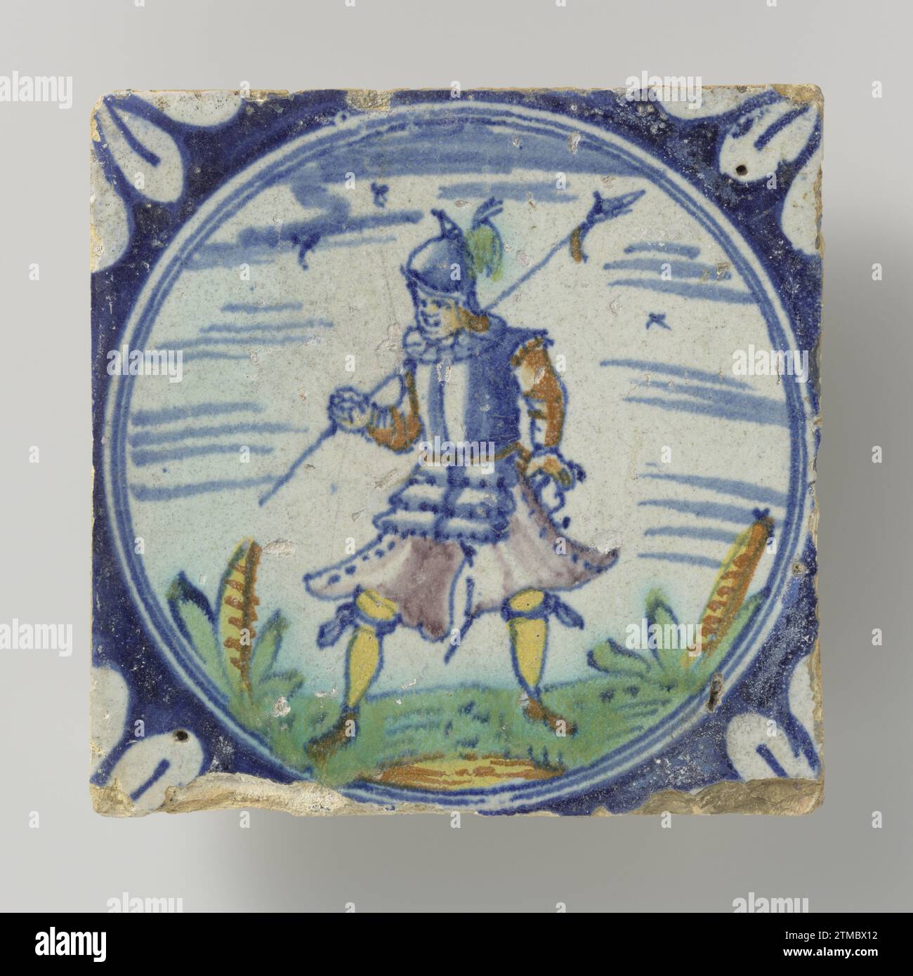 Tile, multi -colored painted with a soldier or a standard bearer, 1625 ...