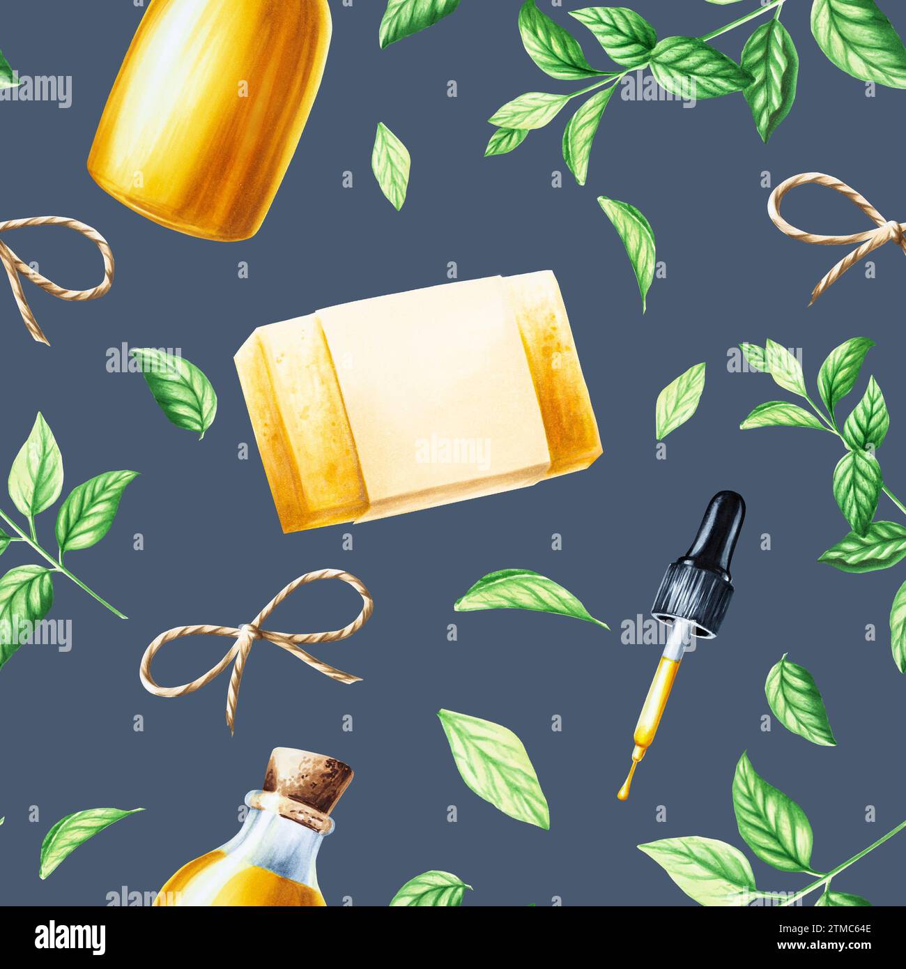 Watercolor seamless pattern with glass bottle, soap, pipette with oil ...