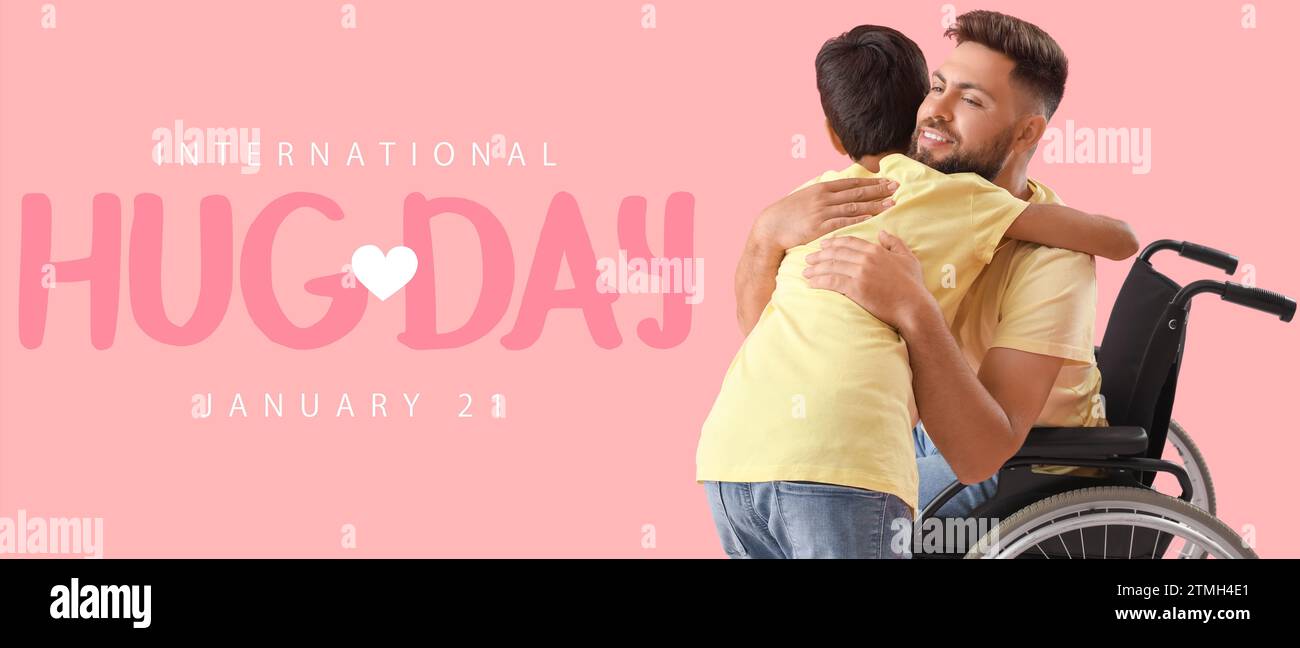 Portrait of hugging little boy and his father with physical disability ...