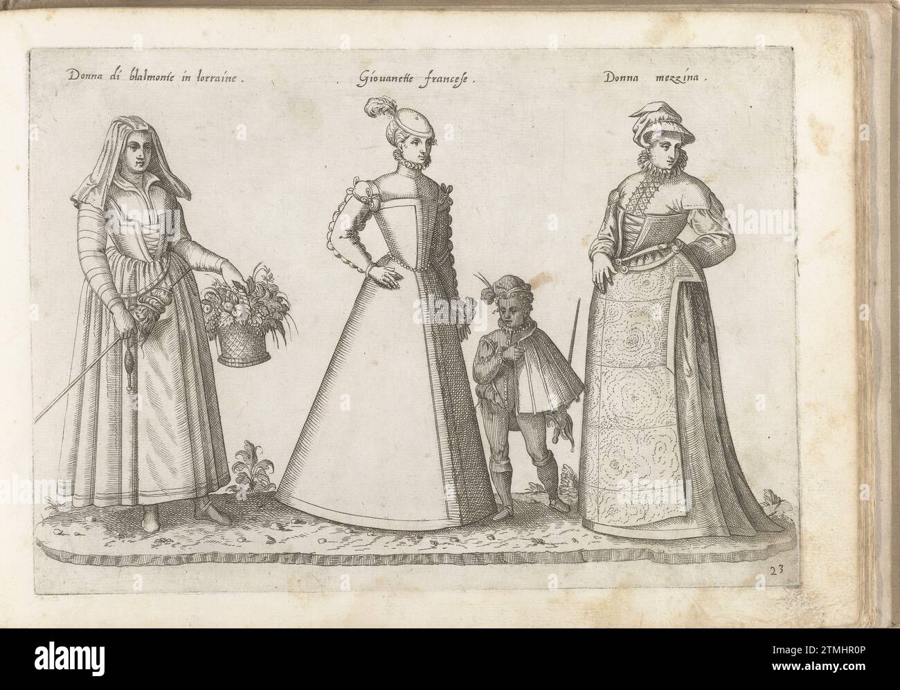 Three women and a boy, dressed according to French fashion of approx ...