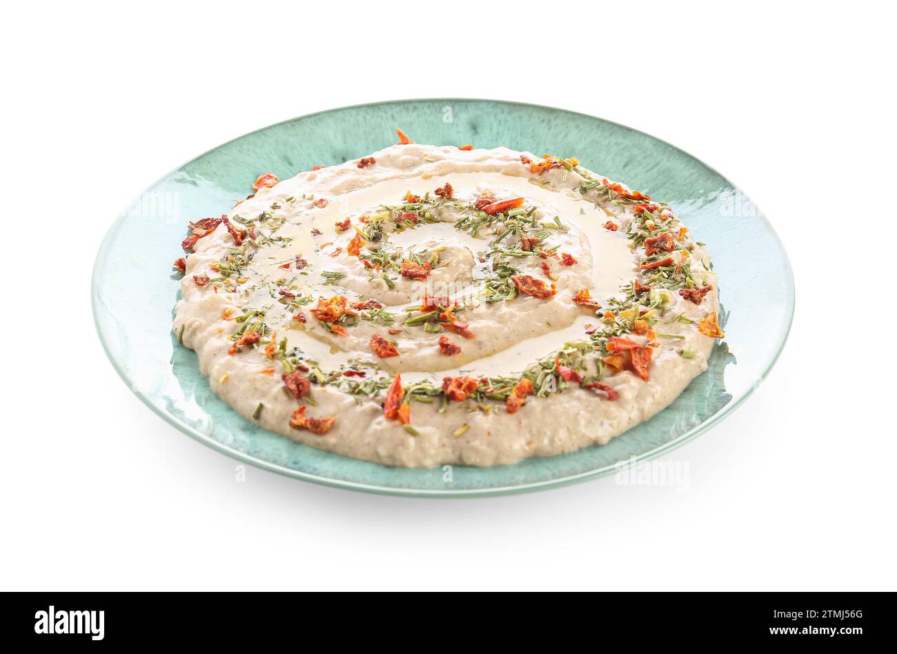 Plate of tasty baba ghanoush on white background Stock Photo - Alamy