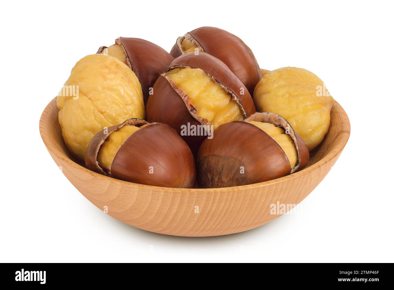 roasted peeled chestnut in wooden bowl isolated on white background wit ...