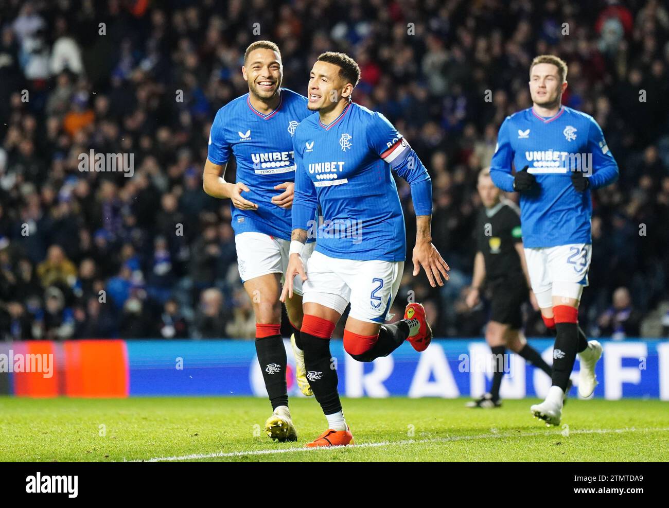 Rangers' James Tavernier (left) celebrates scoring their side's second ...