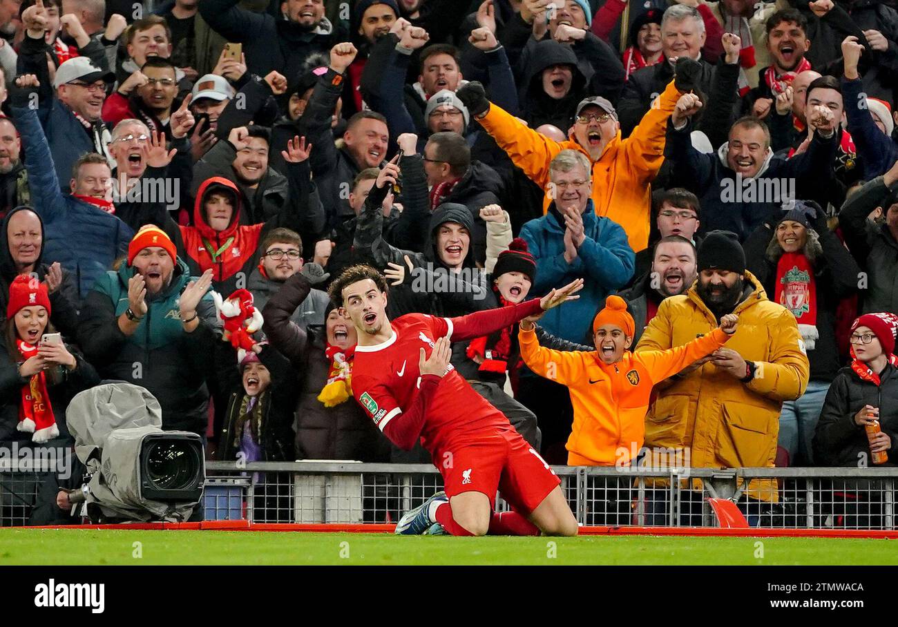 Liverpools Curtis Jones Celebrates Scoring Their Sides Fifth Goal
