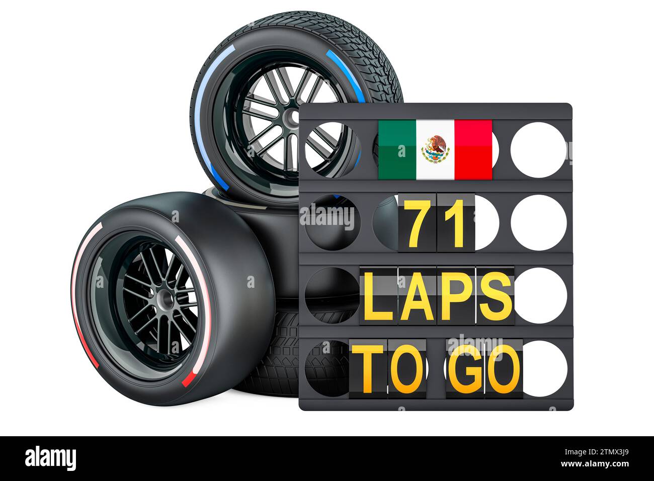 Mexican racing, pit board with flag of Mexico and racing wheels with ...