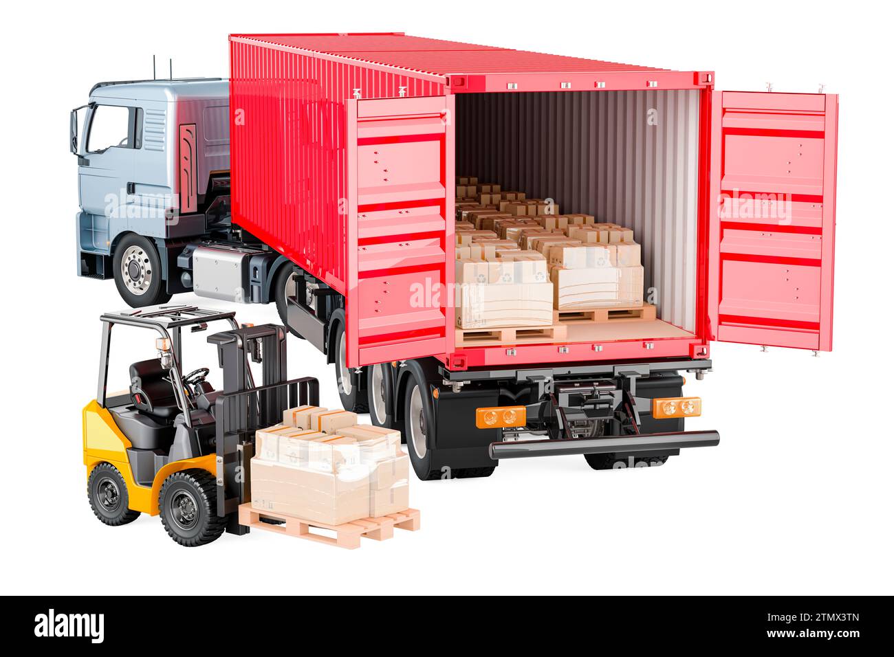 Truck with parcels and forklift truck with cardboard boxes. Freight ...