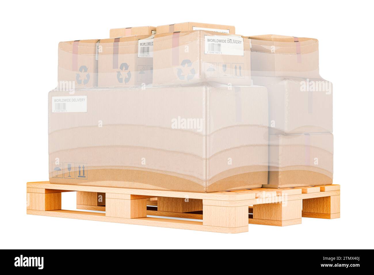 Wooden Pallet with parcels wrapped in stretch film, 3D rendering ...