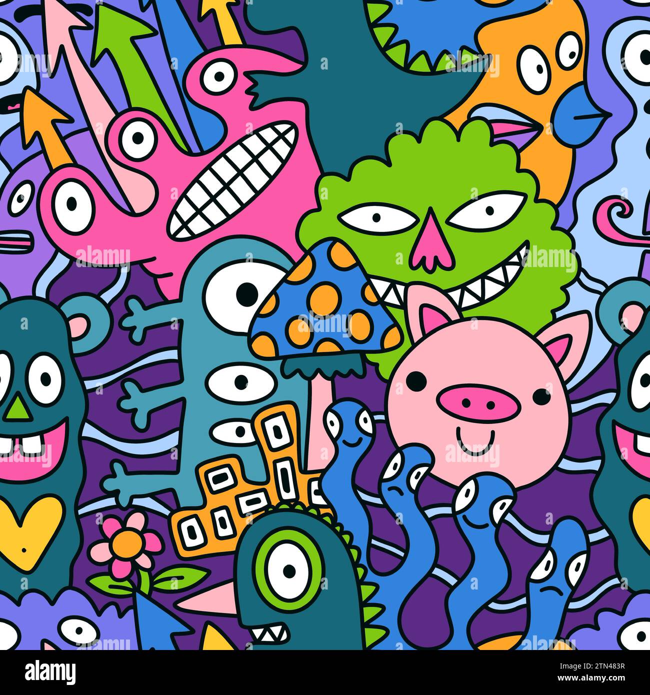 Cartoon retro monsters seamless Halloween pattern for wrapping paper ...