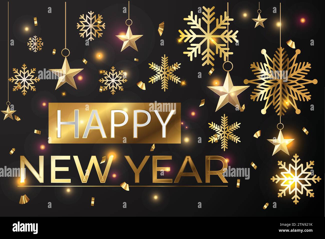 New year vector design with gold snowflakes and stars. Happy new year ...
