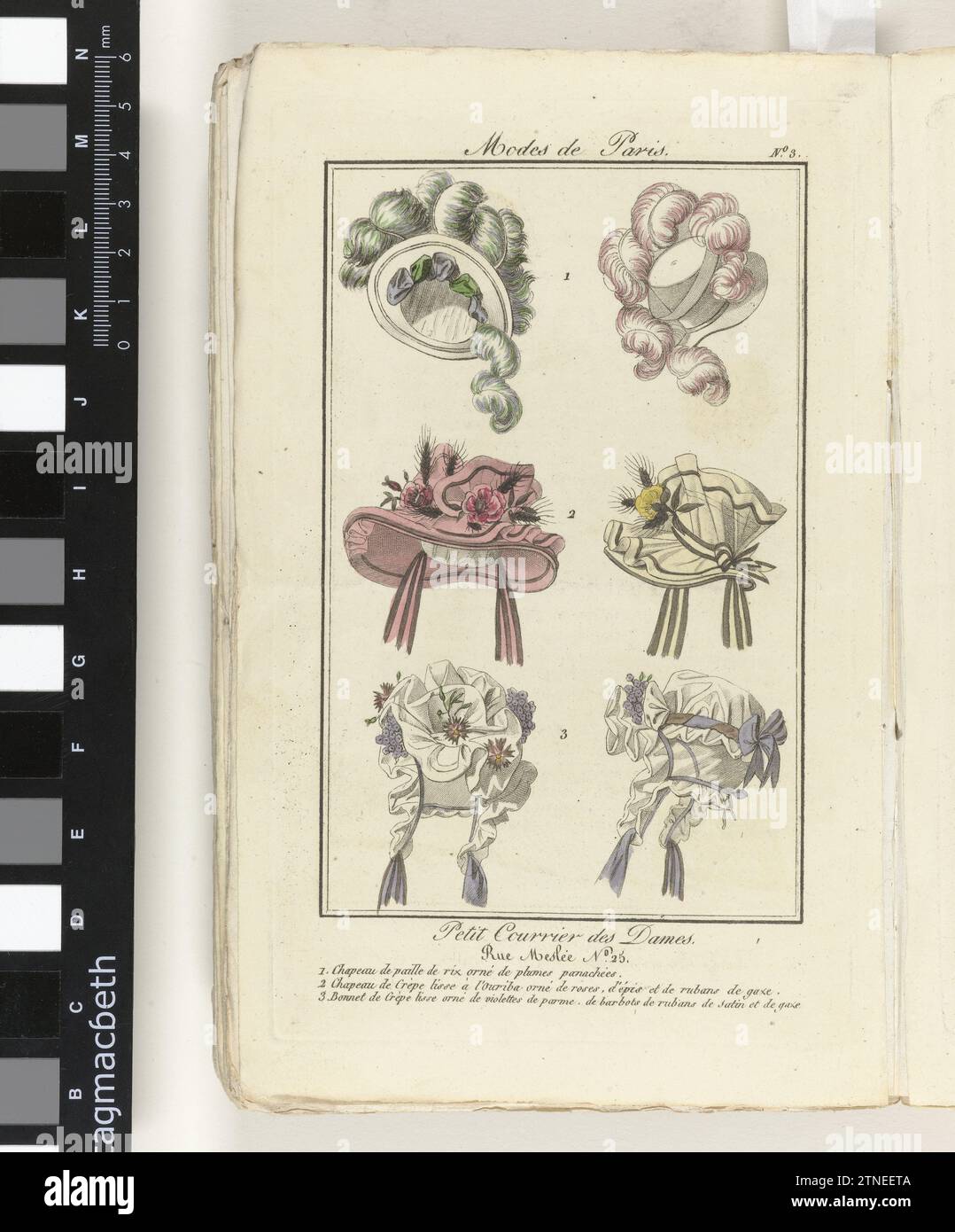 Little mail of the ladies no. 3, 1823 - 1830 Leaf with three hats, each ...
