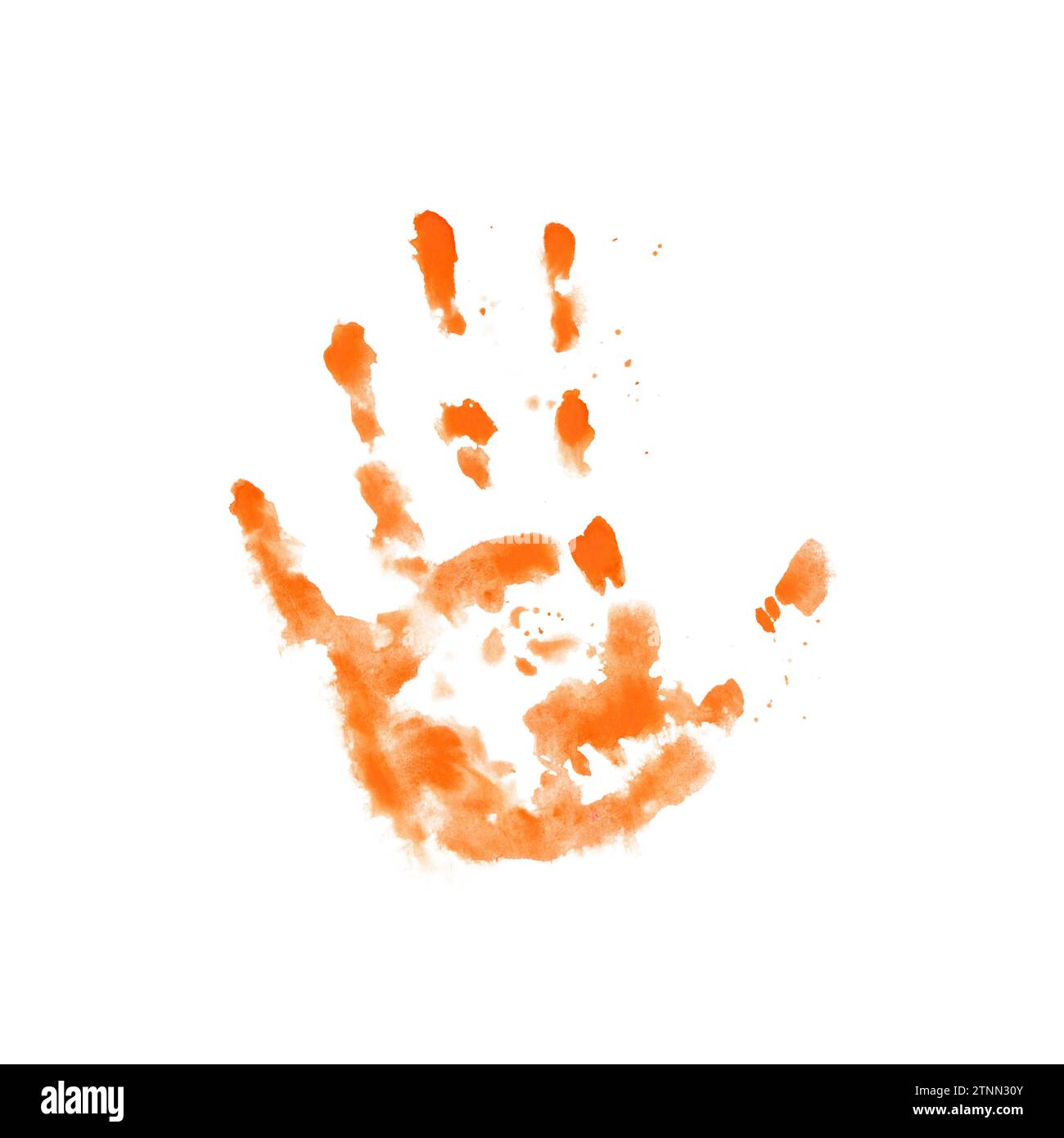 Left hand orange handprint. Paint stains abstract background element ...