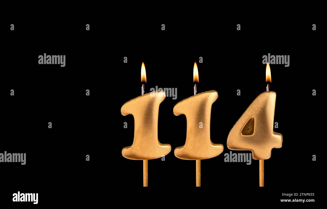 Birthday candle number 114 - Birthday celebration on black background ...