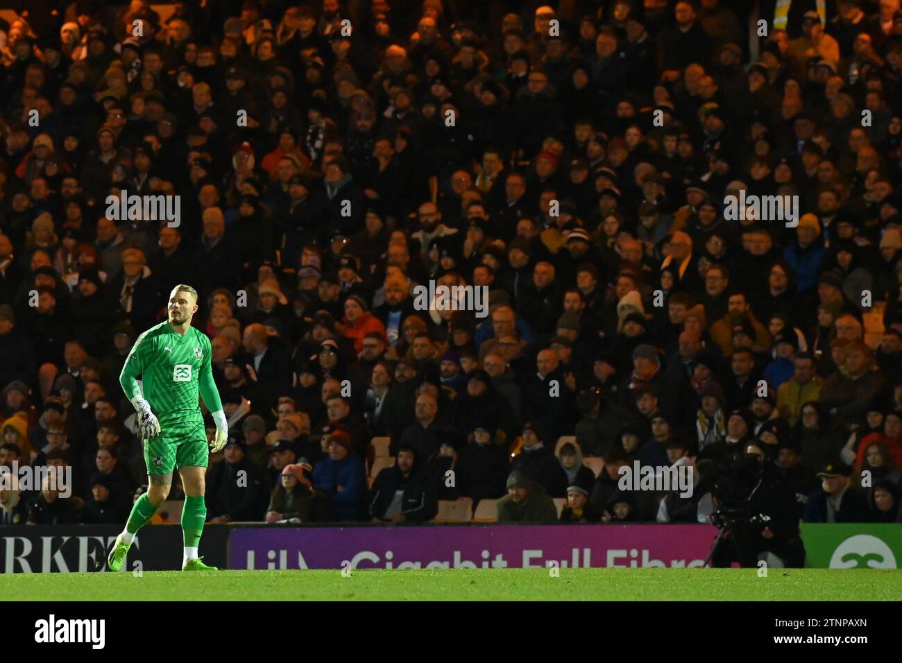 Burslem, UK, 19th December 2023. Port Vale Goalkeeper Connor Ripley is ...