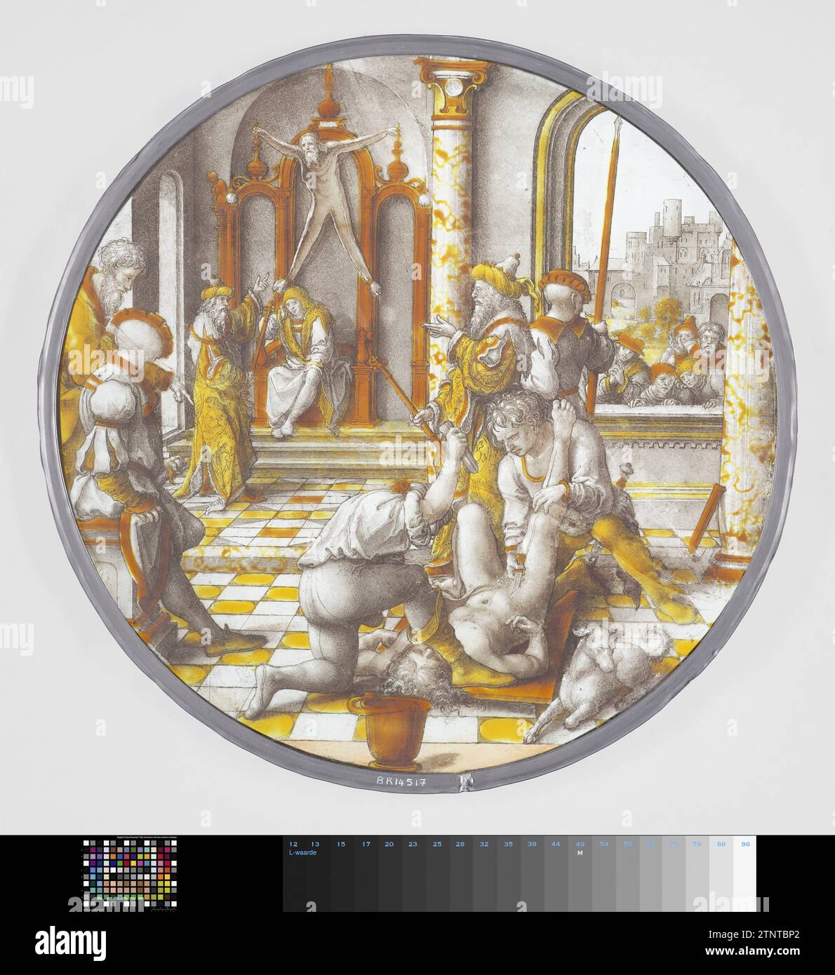 The Judgement of Cambyses, Dirck Vellert, 1542 Round stained glass with ...