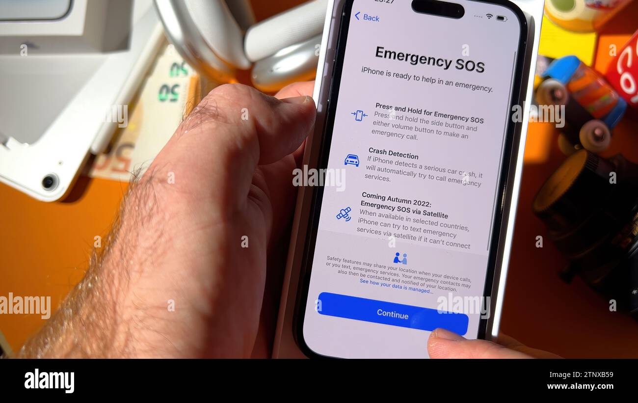 Paris, France - Sep 23, 2023: POV of a male hand setting up emergency ...