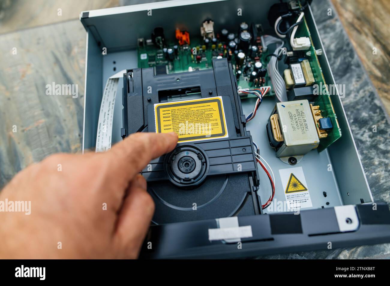 Munich, Germany - Sep 11, 2023: Open lid of the Onkyo C-755 CD Player ...