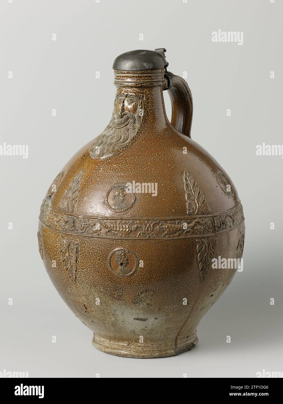 Jug (Bartmann jug) with portraits, leaves and an ornamental border ...
