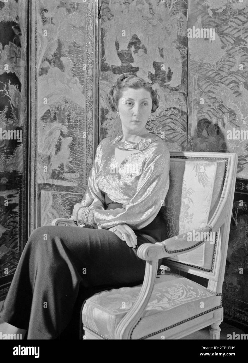 The Countess of Paris poses in a Paris hotel in a Paquin dress ca. 1936 ...