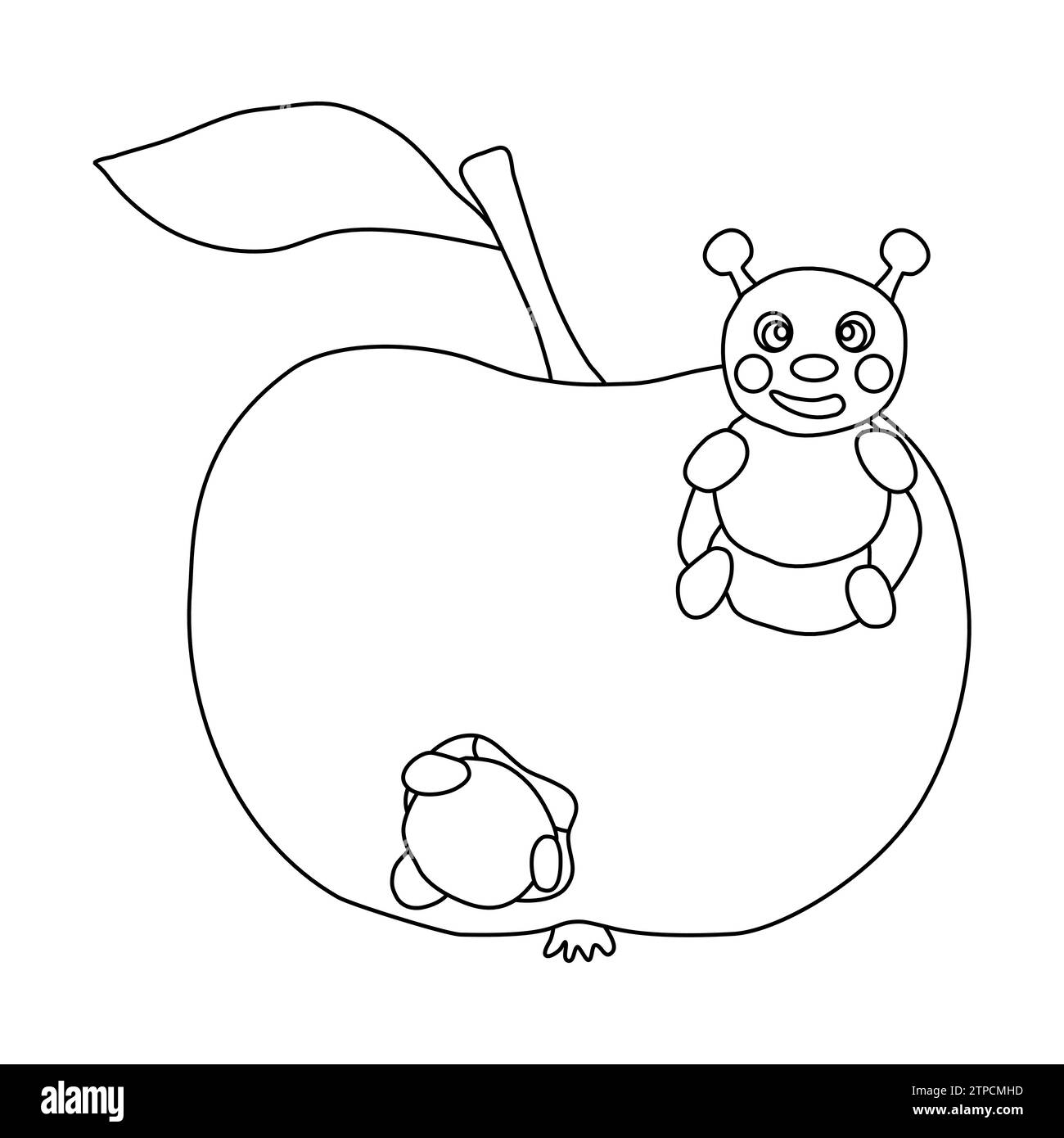 Apple eaten by cute caterpillar, doodle style flat vector outline ...