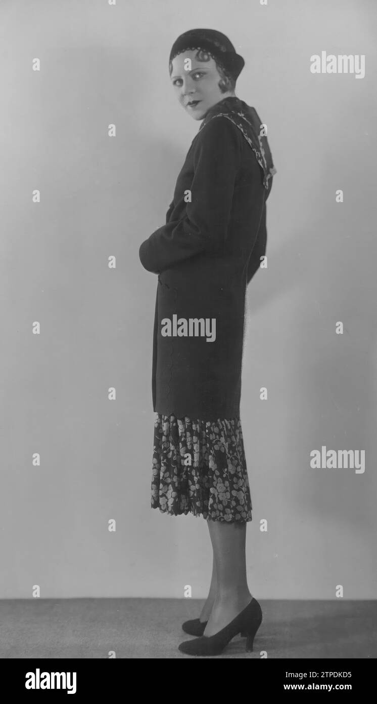 12/31/1929. In the Image, gray crepe dress on a Red background, and ...